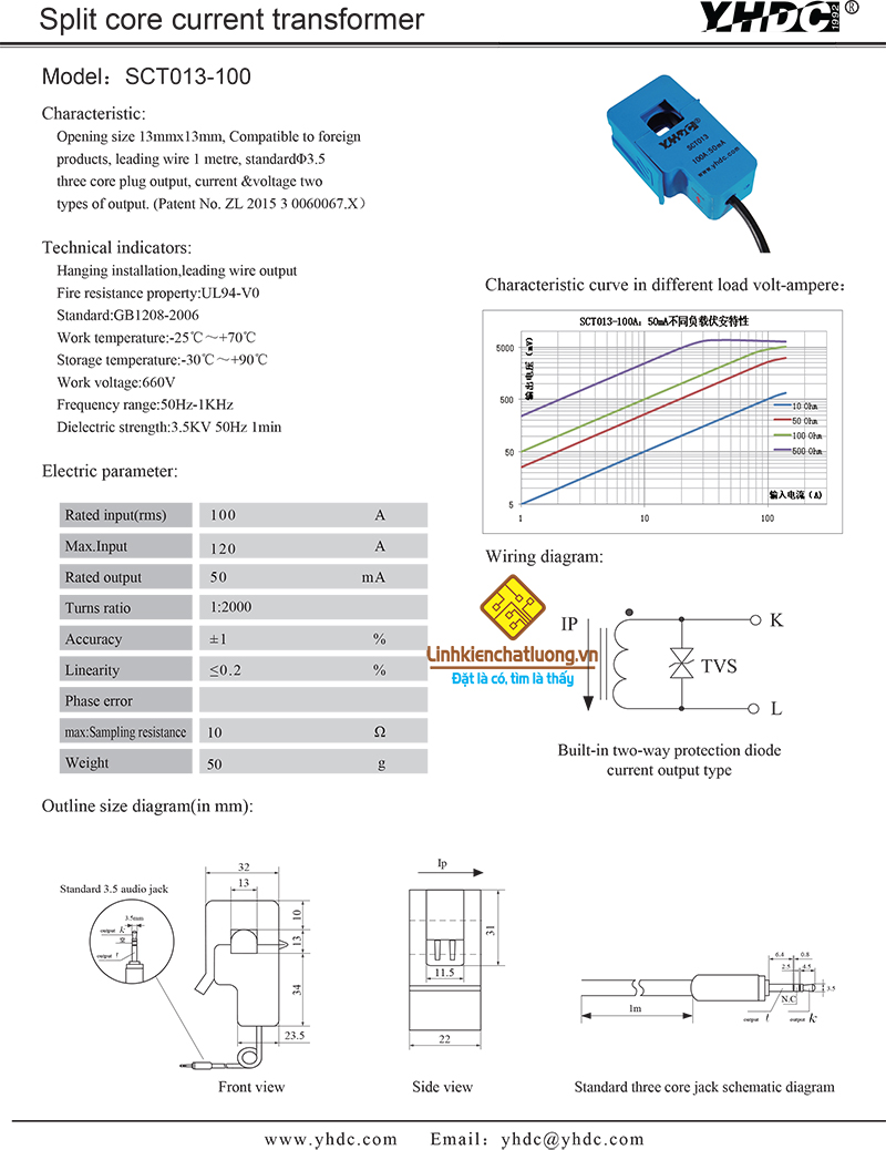 ::.Cảm biến dòng SCT-013-000 100A 50mA 1% chính hãng YHDC.::
